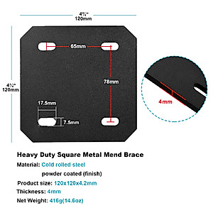 heneng 6 Pcs 4-3/4" x 4-3/4" Black Mending Plate Brace, Flat Straight Repair Fixing Connector, 8 Gauge