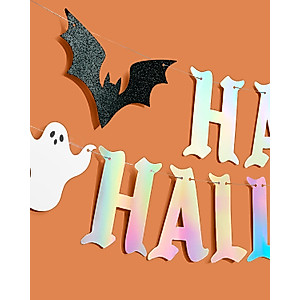 xo, Fetti Happy Halloween Iridescent Foil Banner - 5 Ft. | Spooky Season Decoration, Haunted House Party Sign, Ghost Decor, Bat Backdrop