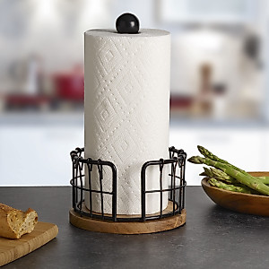 Pfaltzgraff Anvil Wire And Acacia Wood Paper Towel Holder, 13.25-Inch, Antique Black