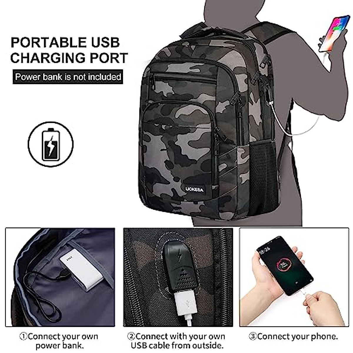 Liokesa Laptop Backpack for Men, Large School Backpack for Teens, Business Slim Laptop Backpack with USB Charging Port, 15.6 Inch Anti Theft Water Resistant College Bookbag Computer Bag Daypack, Camo