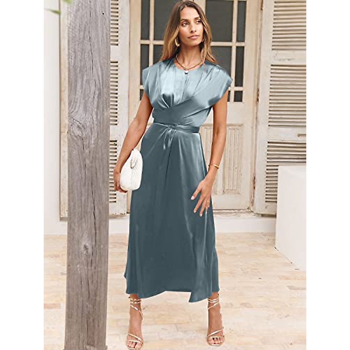 ANRABESS Women's 2023 Formal Dress for Women Summer Maxi Elegant Satin Cocktail Dress Sleeveless Wrap A-Line Flowy Midi Wedding Guest Silk Semi Formal Dress 916huilan-S Grey Blue