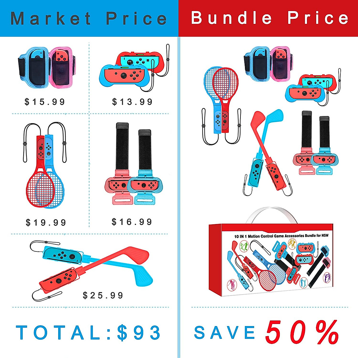 Uxilep Switch Sports Accessories Bundle,10 in 1 Family Accessories Kit for Nintendo Switch Sports Games 2022:Soccer Leg Straps,Mario Golf Clubs,Just Dance Wrist Bands,Mario Tennis Rackets