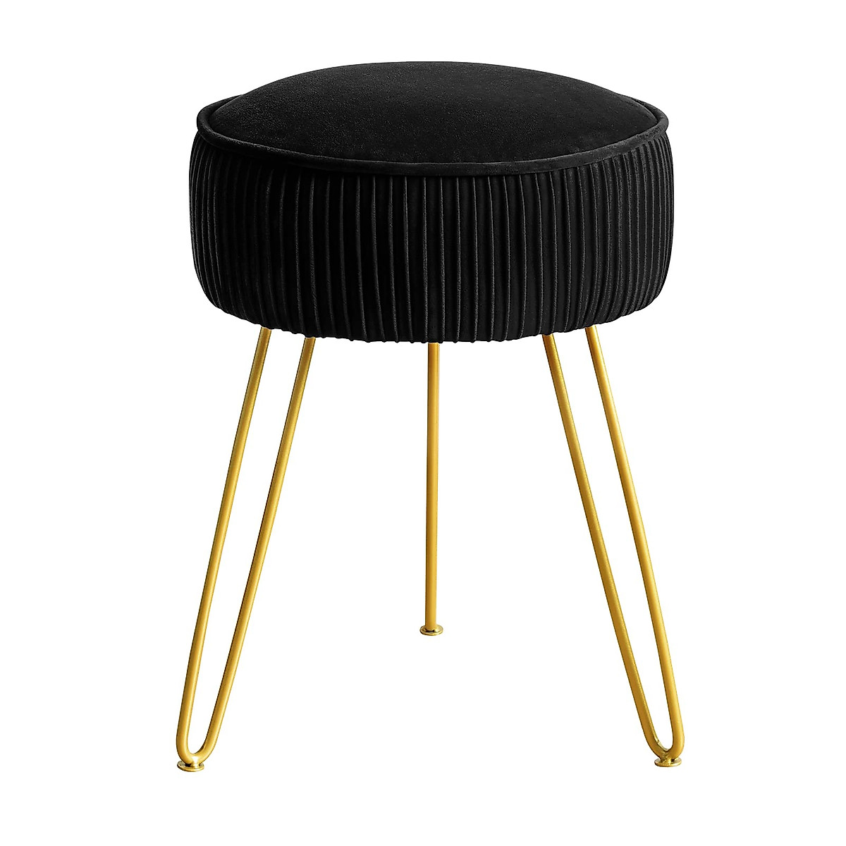 LUE BONA Pleated Vanity Stool, Velvet Upholstered Vanity Stool for Makeup Room, Round Mondern Stool for Vanity, Ottoman Footrest Stool with Metal Legs for Living Room, Bedroom, Black