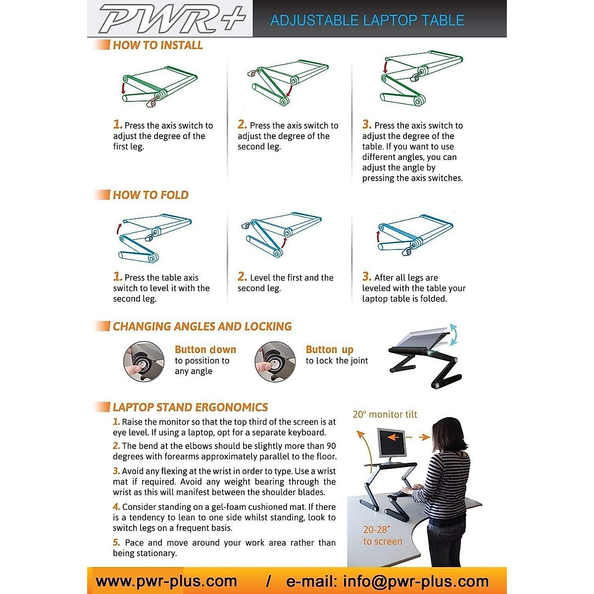 PWR+ Laptop Table Stand Adjustable Riser: Portable with Mouse Pad Fully Ergonomic Mount Ultrabook MacBook Gaming Notebook Light Weight Aluminum Black Bed Tray Desk Book Fans Up to 17 inch