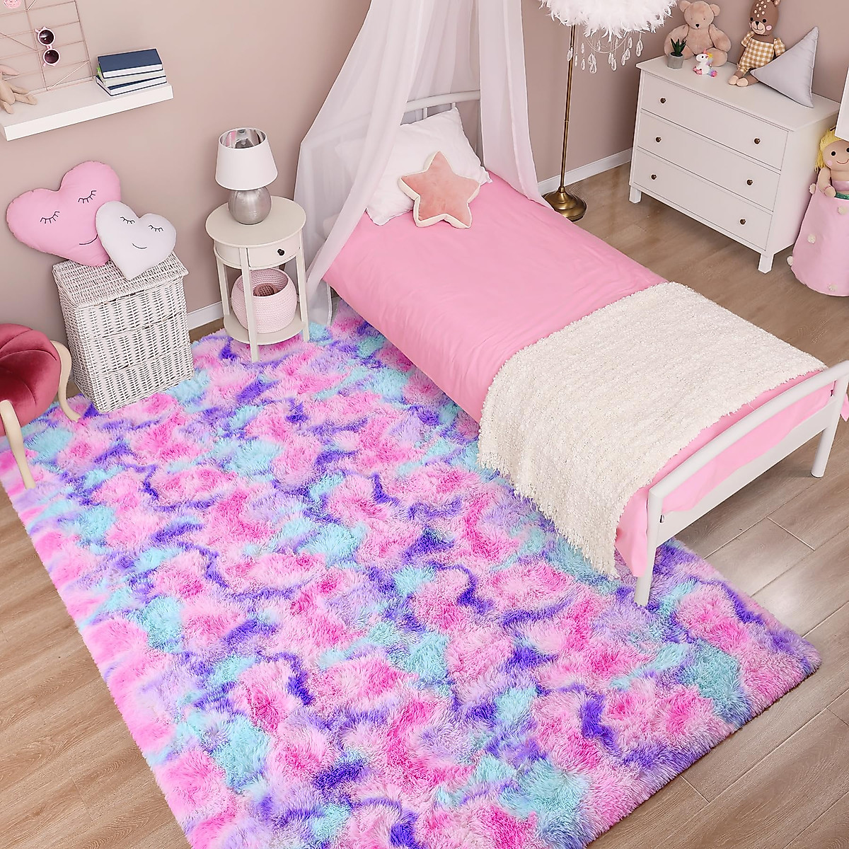 Chicrug Cute Fluffy Area Rug for Girls Bedroom, 5x8 Feet Fluffy Kids Rug for Room Decor, Shag Soft Dorm Playroom Rug, Bedside Rug for Baby Nursery Room, Hot Pink