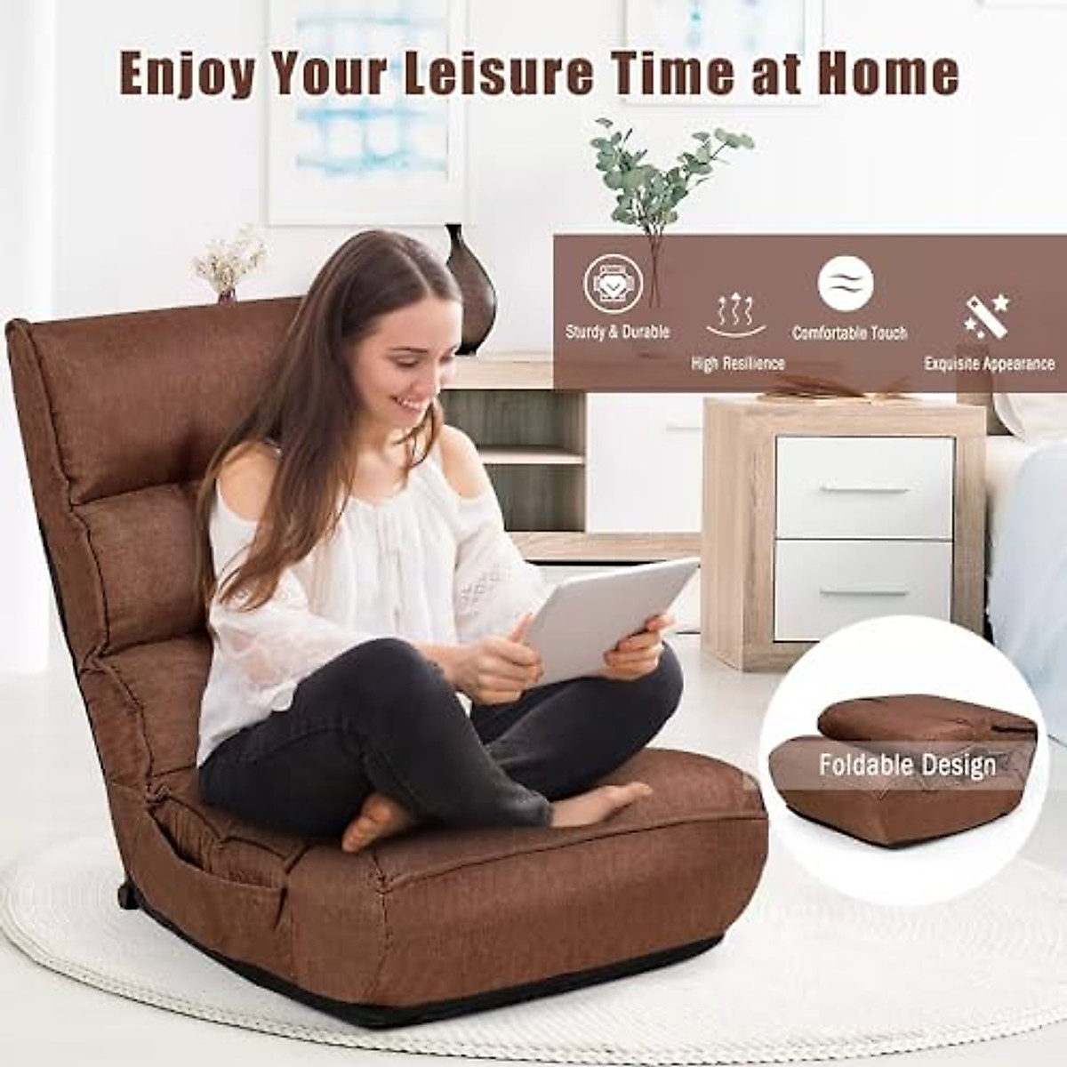 MUSUMI 4-Position Adjustable Floor Chair Folding Lazy Sofa Cushioned Couch Lounger New Foldable Couch Upholstered Couch Recliner, Easy to Store (Brown)