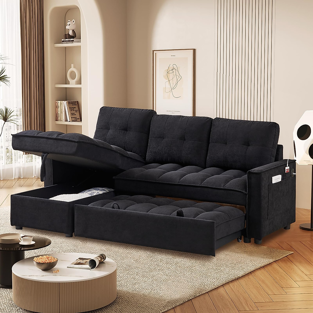 Nonlita Sofa Bed,Convertible Sectional Sofa Bed with USB and Tape-C Charging Port,L-Shaped Sleeper Sofa with Reclining Storage and Arm Side Organizer Pockets Feature,for Living Room, Apartment,Black