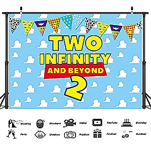 HEETON Two Infinity and Beyond Backdrop Buzz Banner Light Year Toy Inspired Story 2nd Birthday Balloons Party Supplies Decorations Photo Prop for Girl Boy Baby Background -7 x 5ft