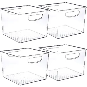 Set Of 4 Clear Organizing Bins, Clear Pantry Storage Organizer Bins Container Refrigerator Organizer, Plastic Storage Bins Cube Bins for Cabinet, Cloest, Cupboard, Home Organization