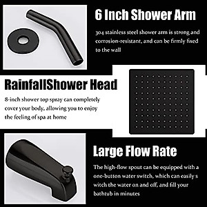 SUNZOE Shower Faucet Set with Tub Spout Matte Black Anti-Scald Pressure Balanced Bathtub Shower Faucet Set 8 Inch Shower Head Wall Mounted Rainfall Shower System Rough-in Valve Body Included