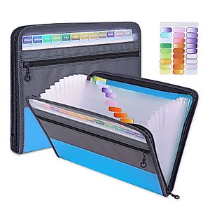 MEGREZ Expanding File Folder with 13 Pockets, A4 Paper File Folder with Zipper Color Labels, Waterproof Accordion File Folder Organizer for Home Office, Blue