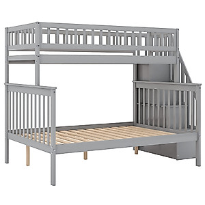 Polibi Twin Over Full Stairway Bunk Bed, Solid Wood Bunk Bed with Storage Shelves， No Spring Box Needed, Grey