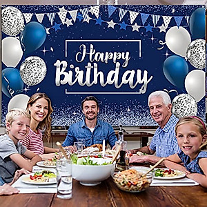 Navy Blue Birthday Confetti Balloons Kit Set 50 Pieces Blue Birthday Photography Backdrop Banner Package for Boys Girls Men Women Birthday Party Decorations Supplies (Navy Blue and Silver)