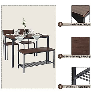 SogesHome 4-Piece Kitchen Table and 2 Chairs for 4 with Bench, Dining Table Set for Small Space, Apartment, Living-Room, Restaurant, Dark Walnut