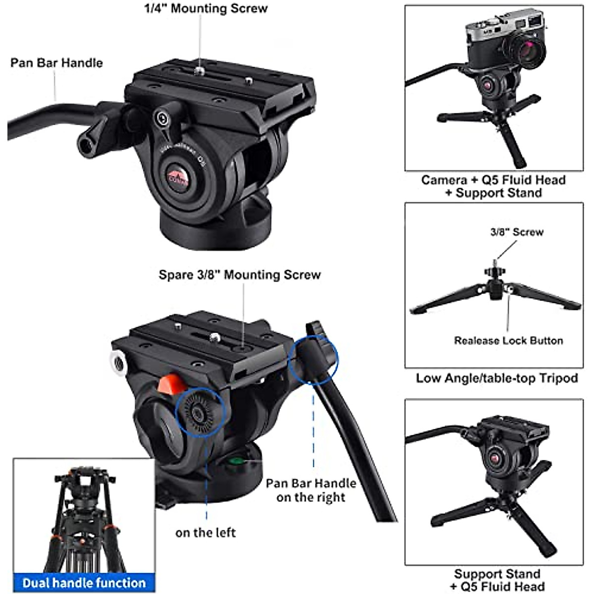 Monopod, COMAN KX3232 73.2 inch Professional Monopod Tripod Lightweight Aluminum Telescopic Camera Monopod with feet and Pan Tilt Fluid Head for DSLR Video Cameras