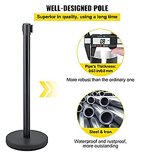 VEVOR Crowd Control Stanchion Set, Stanchion Set with 6.6 ft/2 m Black Retractable Belt, Black Crowd Control Barrier w/Concrete and Metal Base - Easy Connect Assembly (8)