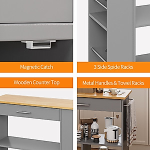Shintenchi Kitchen Island on Wheels with Large Work Countertop, Storage Island & Cart with 3-Tier Spice Rack, 3 Open Shelves and 1 Drawer, Gray