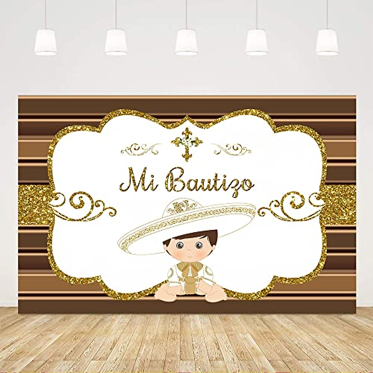 Mi Bautizo Baptism Backdrop,Mexican Hat Boy Gold Dots Brown Stripes Baby Shower Spanish Themed Party Decorations Supplies for Photography Background 5x3ft Banner Photo Booth