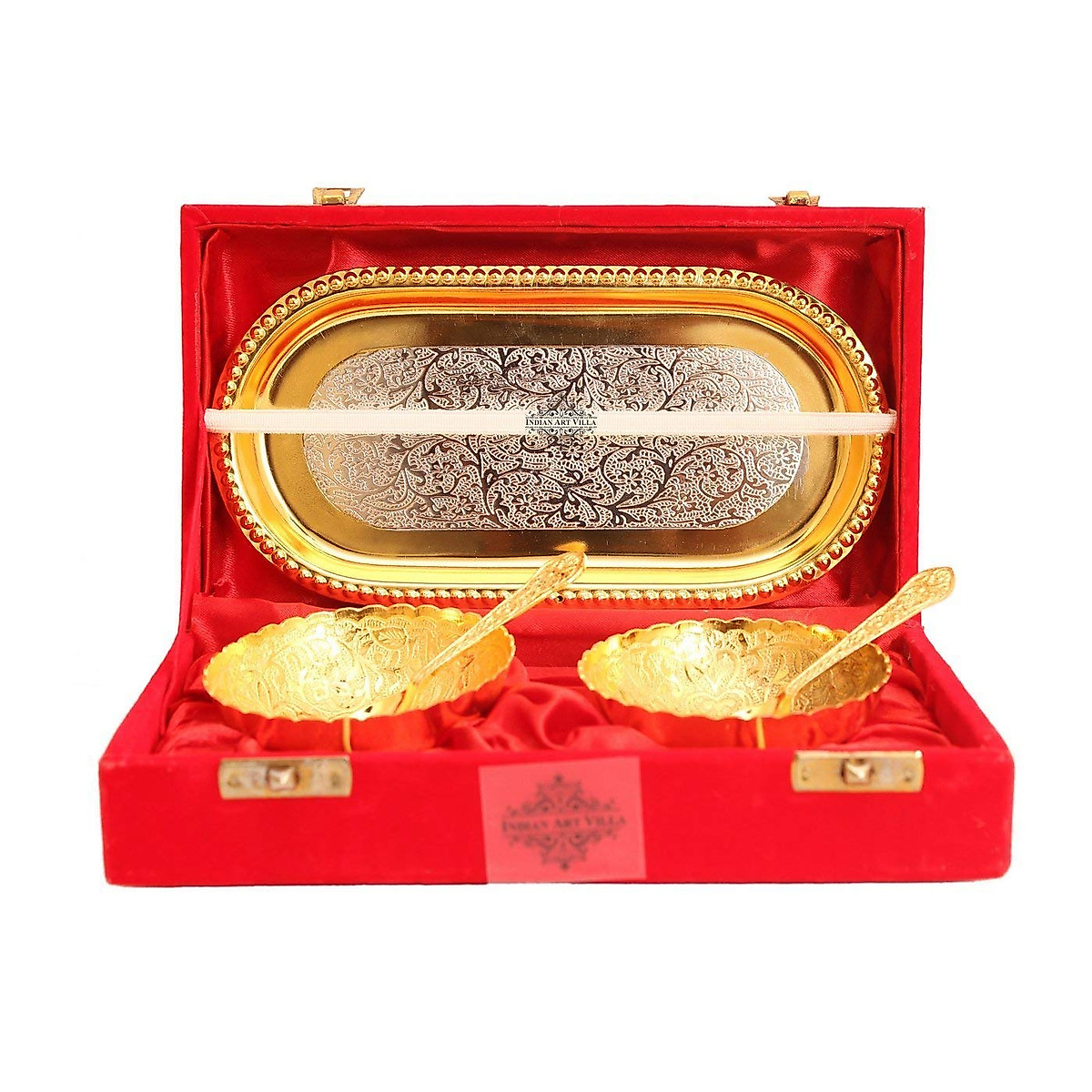Indian Art Villa Silver Plated Gold Polished Bowl Set with Spoon Tray, Diwali Gift Item