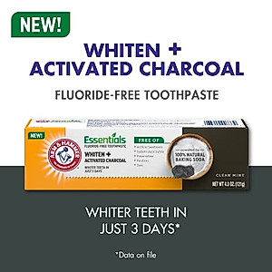 ARM & HAMMER Essentials Fluoride-Free Toothpaste Whiten + Activated Charcoal-4 Pack of 4.3oz Tubes, Clean Mint- 100% Natural Baking Soda