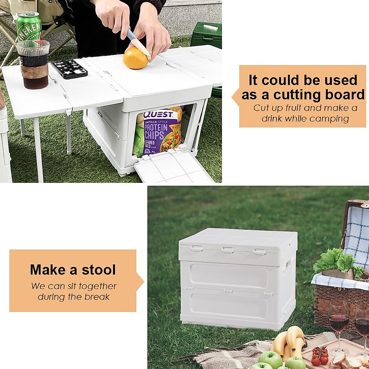 Senhuok Camping Box Folding Table Storage Camping Box Collapsible Lidded Storage Bin Storage Compartment For Home Outdoor Grocery Snacks Fruit Drinks Fishing Picnic Container Holder Stool