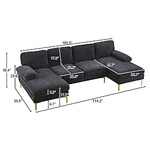 POULEII Sectional Sofa,Modern U-Shape Modular Sectional Sofa Sleeper Couch with Chenille Fabric and Gold-Plated Feet for Living Room, Apartment, Office,Black