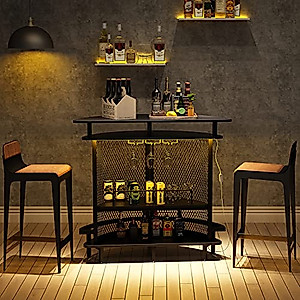 kepptory 43 Inches High Top Bar Table with RGB Smart Light, 4-Tiers Home Bar Unit with Footrest & Storage Shelves & Wine Glasses Holder & Anti-Dump Metal Bar, Wine Cabinet for Home Kitchen Patio Pub