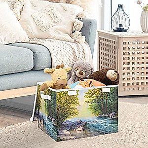 KEEPREAL Summer Forest Oil Painting Storage Basket Bin with lid, Large Cube Storage Box Collapsible Storage Organizer for Home Office Closet - 16.5 L x 12.6 W x 11.8 H