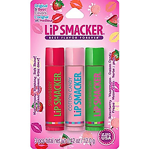 Lip Smackers Flavored Lip Balm Trio Original & Best, Strawberry Watermelon, Cotton Candy, Clear Matte, For Kids, Women, Men,3 Count (Pack of 1)