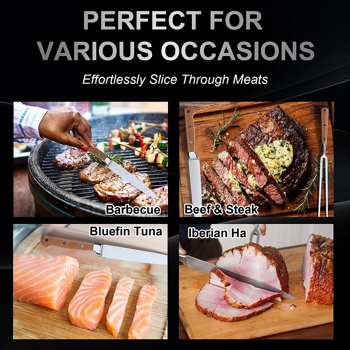 Fervidus Carving Knife Set Stainless Steel Knife and Fork with Rosewood Handles Ergonomic Design for Slicing Meat, Turkey, and Poultry