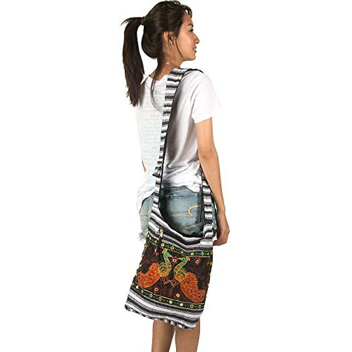 Hobo Shoulder Bag Messenger Casual Everyday Large Hippie Market Thick Functional (Black White)