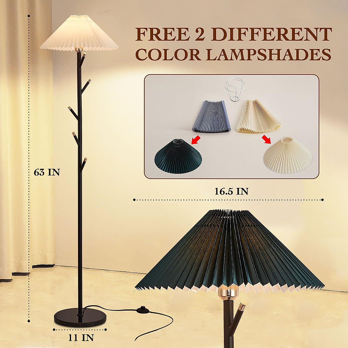 Unique Floor Lamps Modern,Black Simple Floor Lamp with Coat Rack,Tree LED standing lamp ,Lamparas De Pie Para Sala for Living Room Office or Bedroom - Includes Two Pleated Lampshades (Beige+Green)