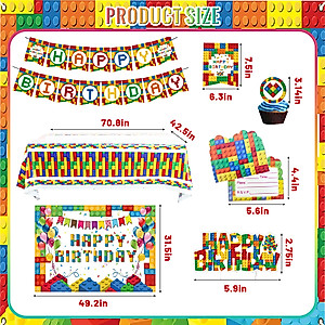 179Pcs Building Block Birthday Party Supplies for 10 Guests, Party Decorations Includes Backdrop, Banner, Latex Balloons, Tableware, Cupcake Toppers, Hanging Swirls, Tablecloth, Invitation Cards,