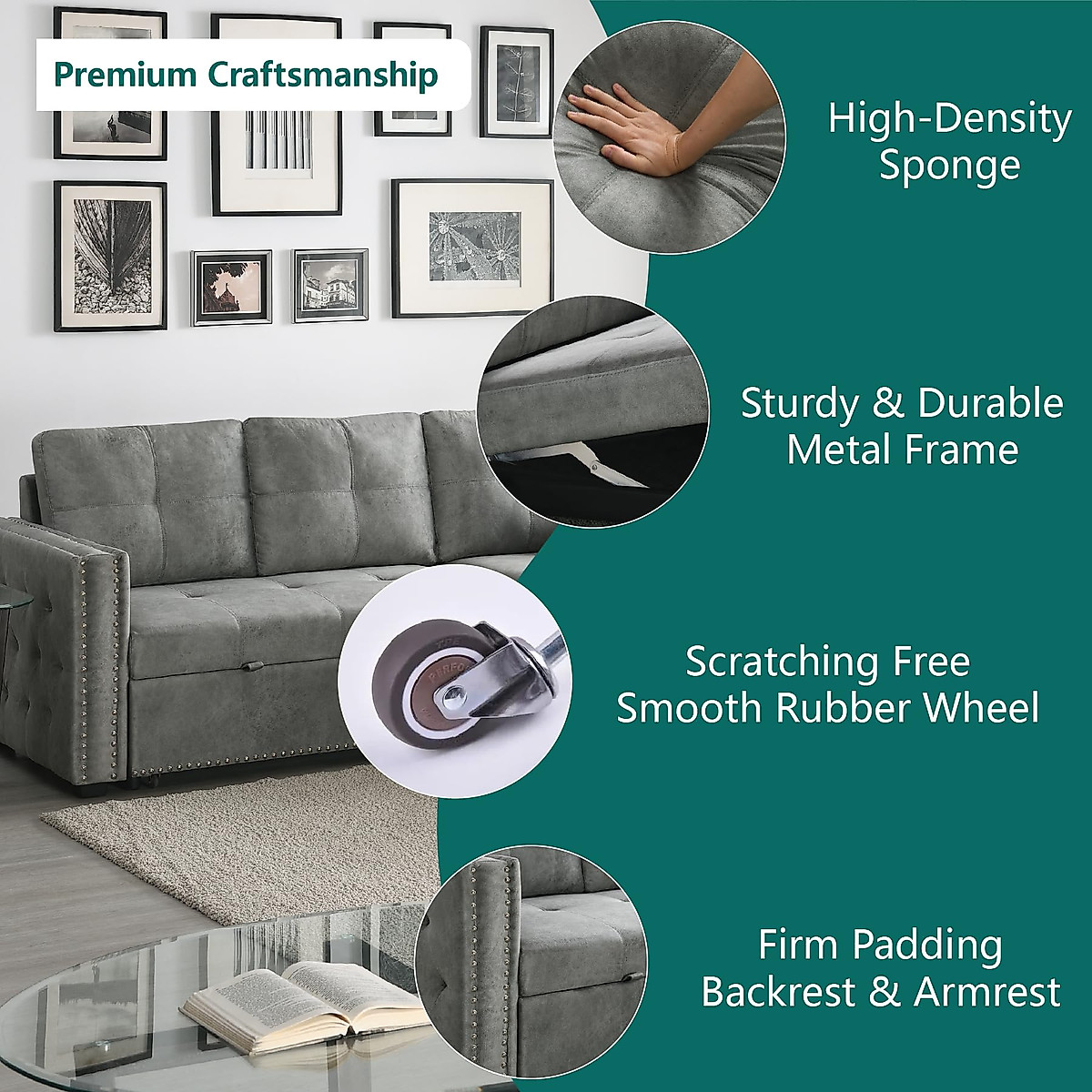 Morden Fort Sectional Sleeper Sofa with Pull Out Bed Storage, Queen Size 91 inches Sofa Bed, L-Shape Sectional Couch with Comfy Chaise Seat Sectional Sleeper Couch for Living Room, Velvet Grey