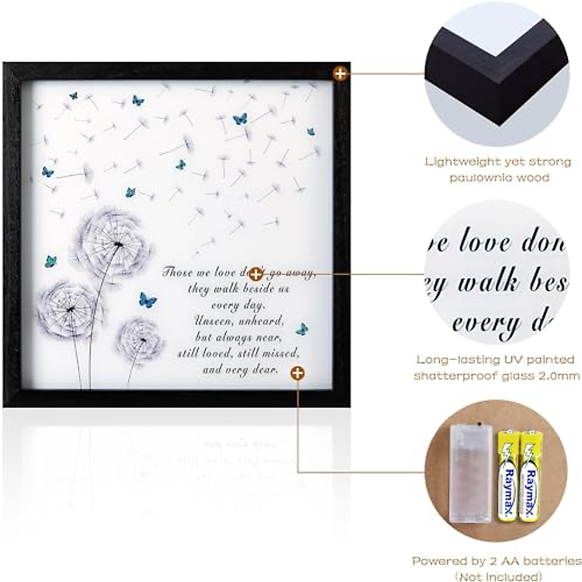 WOODEXPE Sympathy Gift LED Memorial Shadow Box 11x11 Memorial Gifts for Loss of Loved One (Dandelion Black)