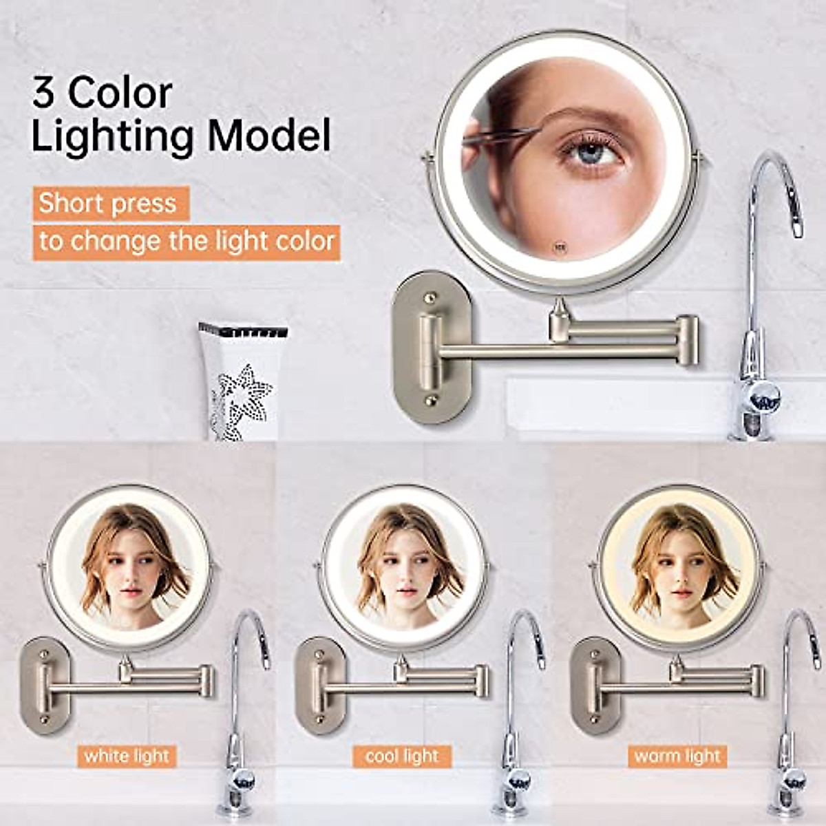 Rechargeable Wall Mounted Lighted Makeup Vanity Mirror 8 Inch Double Sided 1X 10X Magnifying Bathroom Mirror, 3 Color Lighting, Touch Screen Dimming, Extended Arm 360 Rotation Shaving Light up Mirror