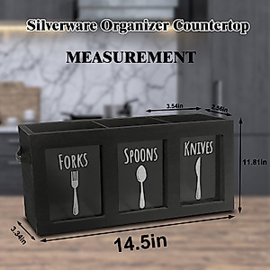 Mibcocny Wood Utensil Caddy For Kitchen Counter, Silverware Organizer Countertop, Spoon And Fork Organizer With Handles, Flatware Cutlery Knife Holder For Party Hosting Storage (Black)