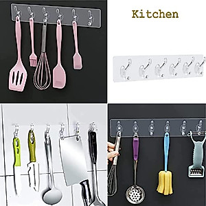 XGBYR Multifunctional Transparent 6 Hooks,Transparent Wall Hooks,Clear Plastic Hooks Self Adhesive,Heavy Duty Self Adhesive Hooks,Adhesive Row Hooks,Drill-Free Wall Hooks (1SET)
