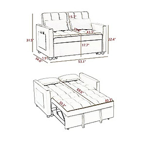 SEVENWOOD Velvet Loveseat Sleeper Sofa Bed, Convertible Futon Sofa Couch with Pull Out Bed, Small 2 Seater Lounge Sofa with Adjustable Backrest and Toss Pillows for Living Room.