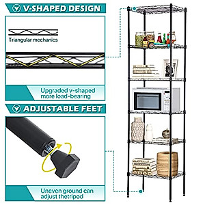 6 Tier Shelving Unit Narrow Shelf Storage Shelves Tall Skinny Shelf for Small Spaces Bathroom Racks and Shelves Corner Storage Rack for Kitchen Laundry Pantry Closet 16.7" l×11.8" w × 63.6" h, Black
