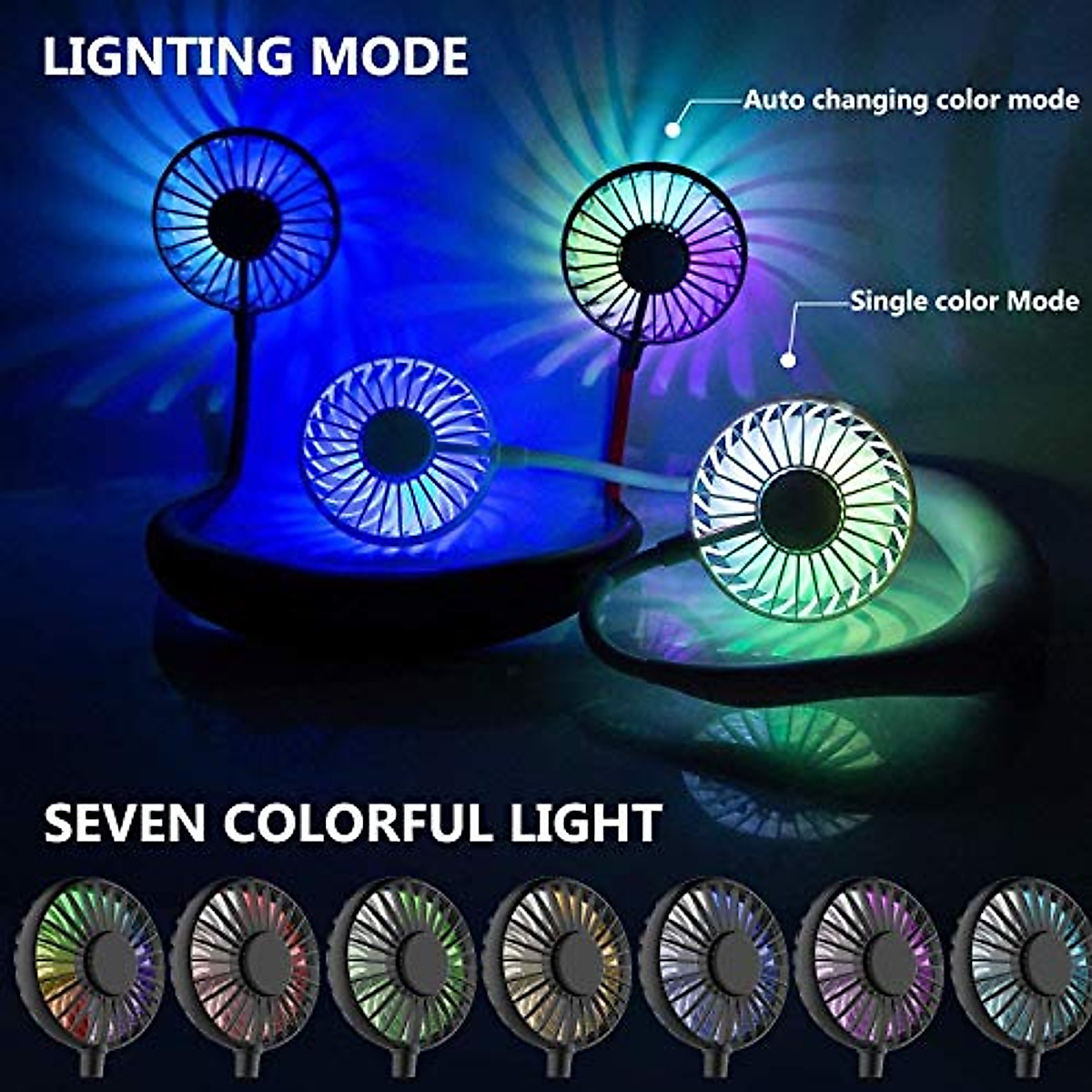 Portable Neck Fan - USB Rechargeable Fan with 3 Speeds Adjustable, Neck Fans Portable Rechargable Prime with LED Lights - Black