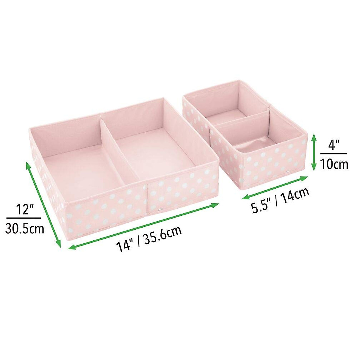 mDesign Soft Fabric Dresser Drawer and Closet Storage Organizer for Child/Kids Room, Nursery - Divided 2 Compartment Organizer - Fun Polka Dot Print, Set of 4 - Pink with White Dots