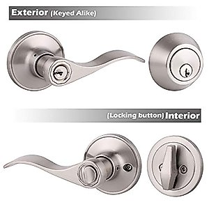 Satin Nickel Keyed-Alike Door Levers and Single Cylinder Deadbolts Combination Sets Front Door Locksets, with Same Key, Locking Handle with Deadbolt Same Key, 2Pack
