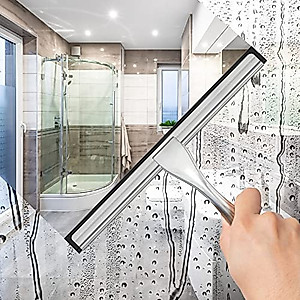 All-Purpose Stainless Steel Shower Squeegee for Shower Doors with 2 Adhesive Hooks, Bathroom Cleaner Tool Household Window Mirror Squeegee for Home Cleaning, Glass Door, Tile Wall, Car, 10 Inch Silver