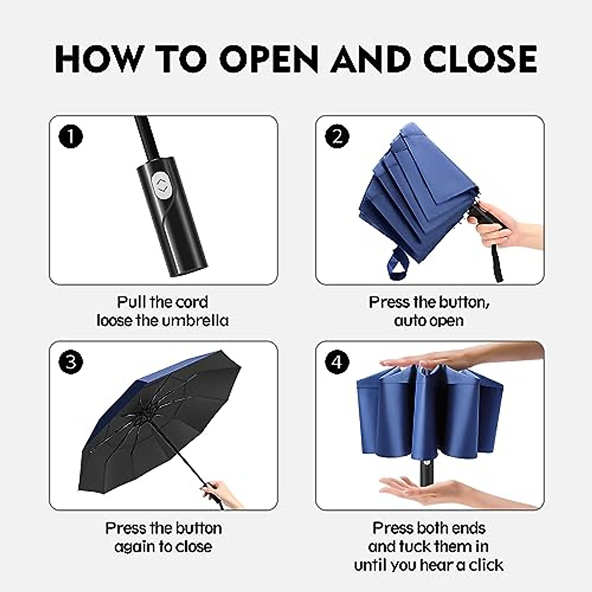 UNDERTREE Windproof Umbrellas for Rain, Double Canopy Folding Umbrella with 10 Fiberglass Ribs, Compact Travel Umbrella, One Button Auto Open/Close, Navy Blue-23