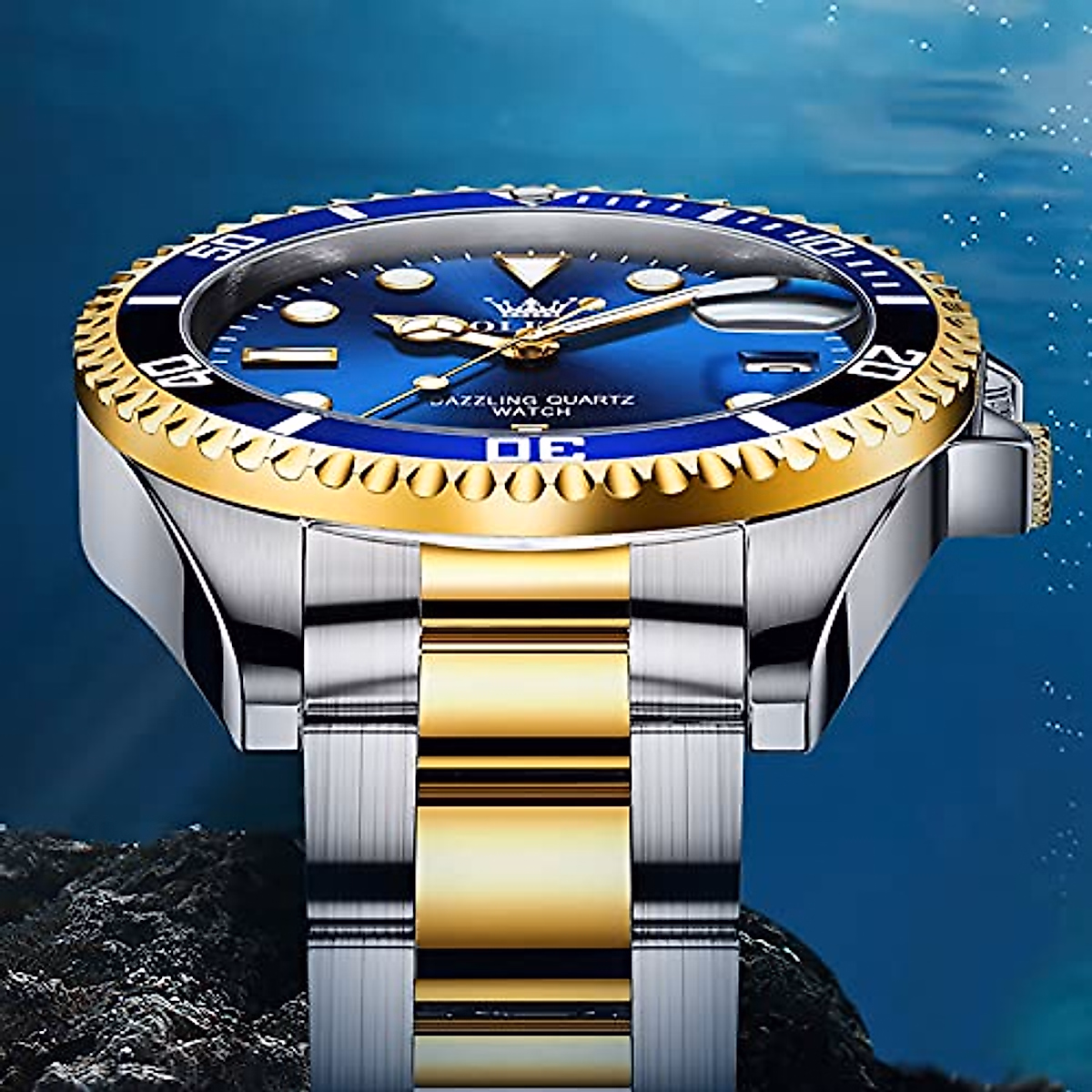 OLEVS Gold Stainless Steel Watch for Men Under 100, Blue,Waterproof, Big Face Dress Watches Men Date,Relojes De Hombre,Luminous Man Wristwatches, Male Diver Watch