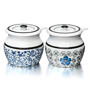 Evannt Ceramic Salt Cellar with Lid and Spoon, Salt and Pepper Bowls Set of 2 Porcelain Condiment Jars Spice Container Salt Spice Seasoning Box (Pattern 1#)