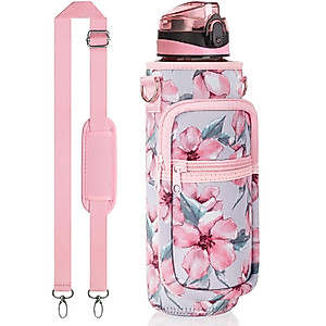 Fimibuke 32 oz Water Bottle with Sleeve - BPA Free Leakproof Sport Large 1L Plastic Motivational Water Bottle with Straw Strap Insulated Neoprene Holder Carrier Bag for Women Men (A4.Peach Blossom)
