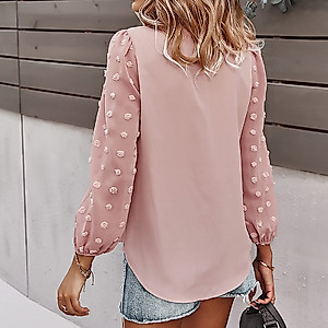 Wondere Summer Solid Color Tops Womens Chiffon Tunic V Neck Shirt Long Sleeve Tees Casual Polka Dot Blouse (XL, Pink)