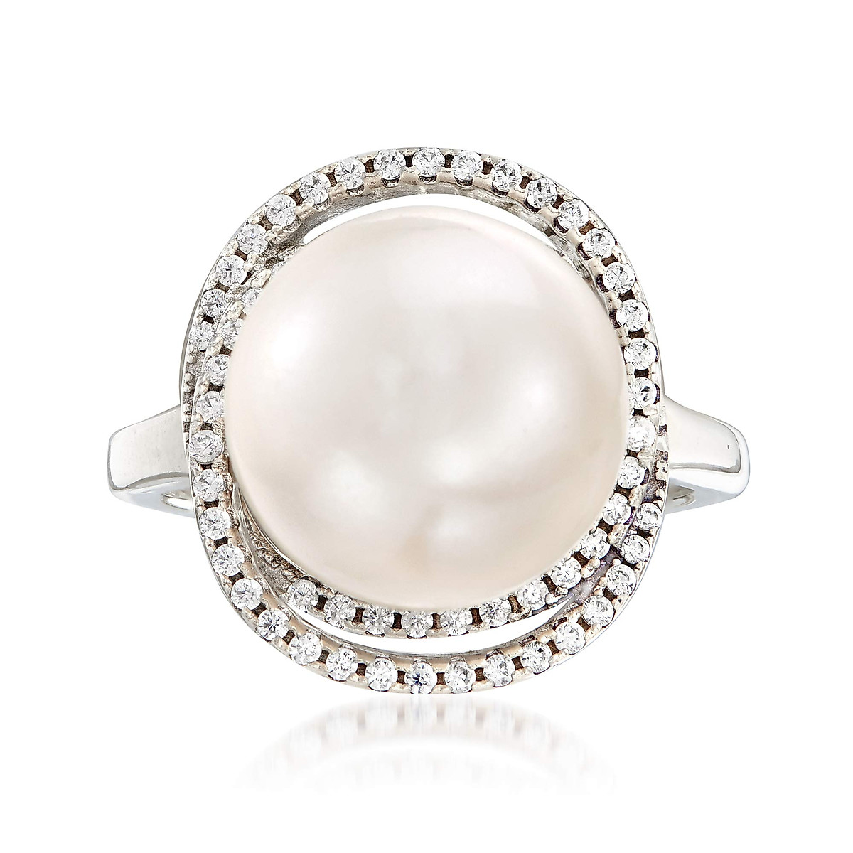 Ross-Simons Italian 12mm Cultured Pearl and .78 ct. t.w. CZ Ring in Sterling Silver. Size 9